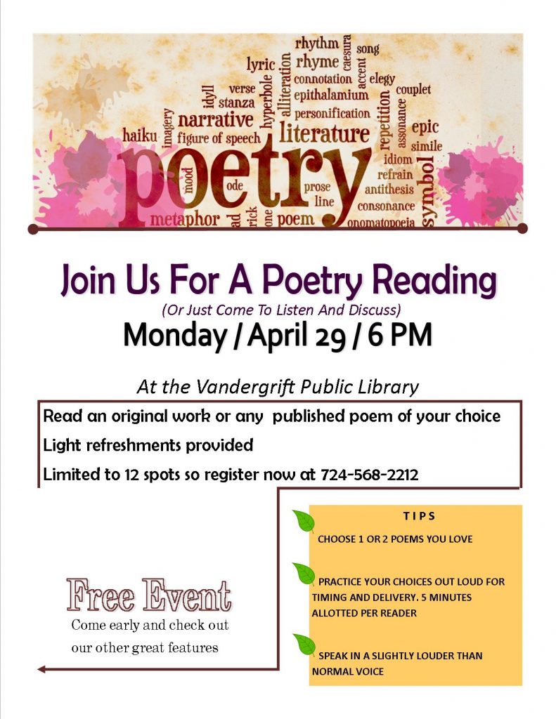 Poetry Reading Flyer 2 – Vandergrift Public Library