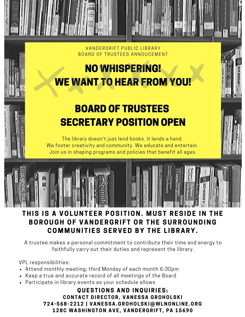 secretary-position-available – Vandergrift Public Library